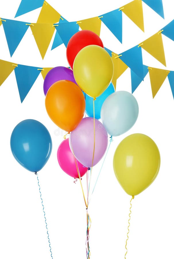 Colorful Balloons and Decorative Bunting Flags on White Background ...