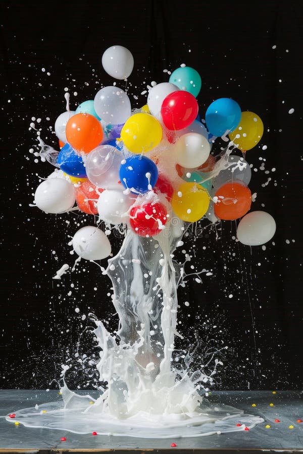 Colorful Balloons Exploding in a Splash of Milk Stock Illustration ...