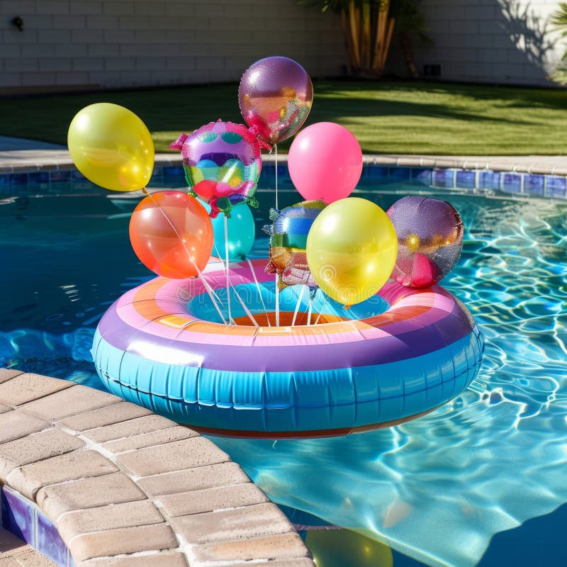 Colorful Balloons Float in Pool Stock Photo - Image of party, balloons ...