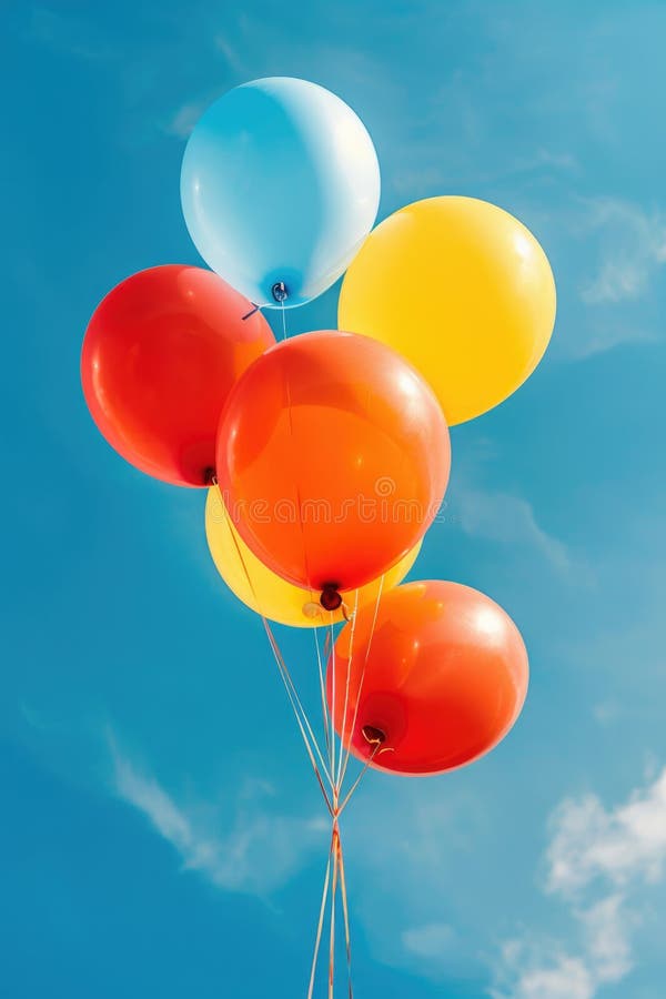 Colorful Balloons Floating in Blue Sky. Vibrant Celebration Image Stock ...