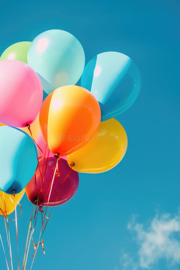 Colorful Balloons Floating in Blue Sky. Vibrant Celebration Image Stock ...