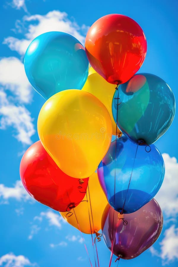 Colorful Balloons Floating in Blue Sky. Vibrant Celebration Image Stock ...