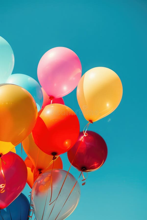 Colorful Balloons Floating in Blue Sky. Vibrant Celebration Image Stock ...