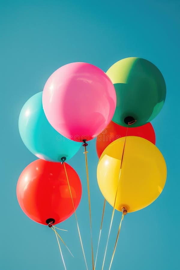 Colorful Balloons Floating in Blue Sky. Vibrant Celebration Image Stock ...