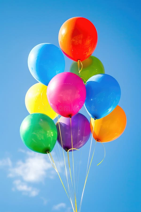 Colorful Balloons Floating in Blue Sky. Vibrant Celebration Image Stock ...