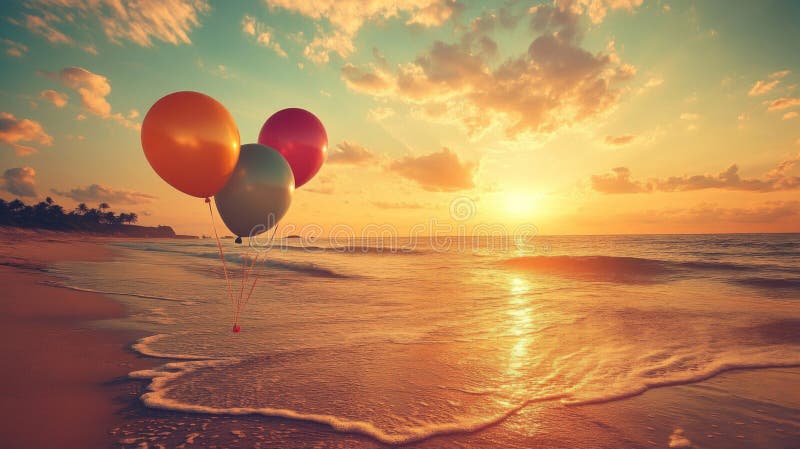 Colorful Balloons Floating Over Ocean Beach at Sunset Stock ...