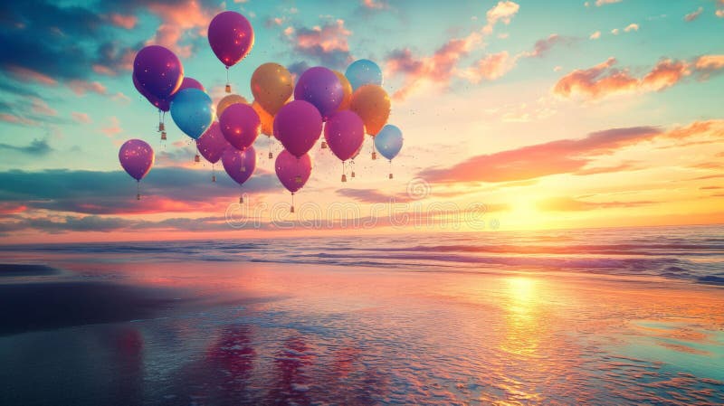 Colorful Balloons Floating Over a Sunset Beach Stock Illustration ...