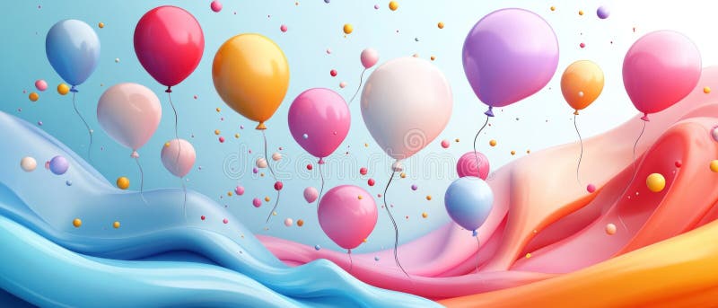 Colorful Balloons Floating Over Vibrant Wavy Fabric Stock Illustration ...