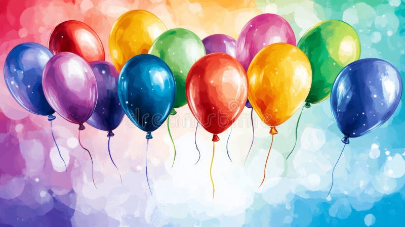 Colorful Balloons Floating on a Watercolor Rainbow Background Stock ...
