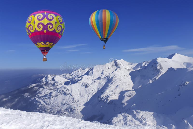 Balloons Flying Over Snow-covered Mountains Stock Photo - Image of ...