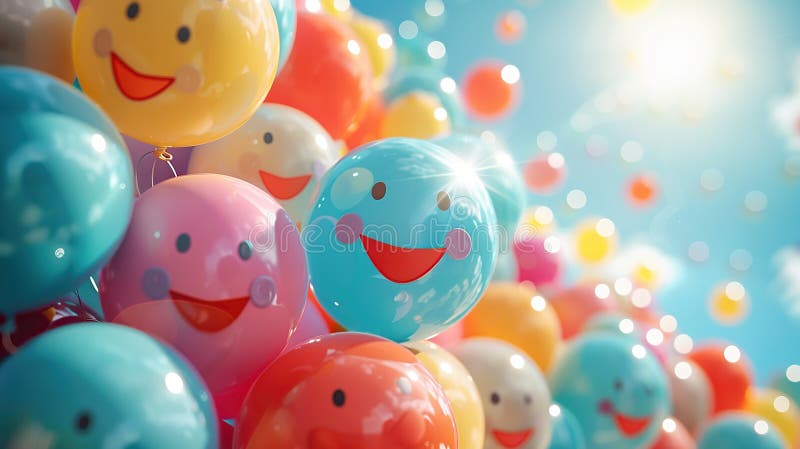 Colorful Balloons with Smiley Faces Against a Bright Blue Sky Stock ...