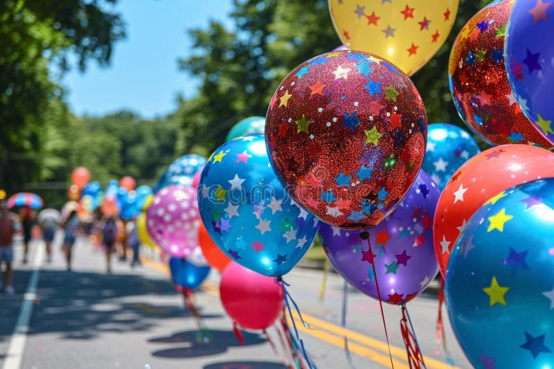 Colorful Balloons with Stars Float through the Air Stock Illustration ...