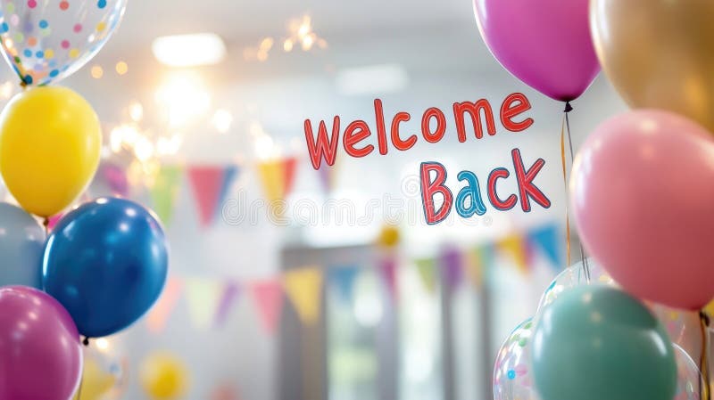 Colorful Balloons and Welcome Back Banner in Bright School Hallway Stock Image - Image of ...