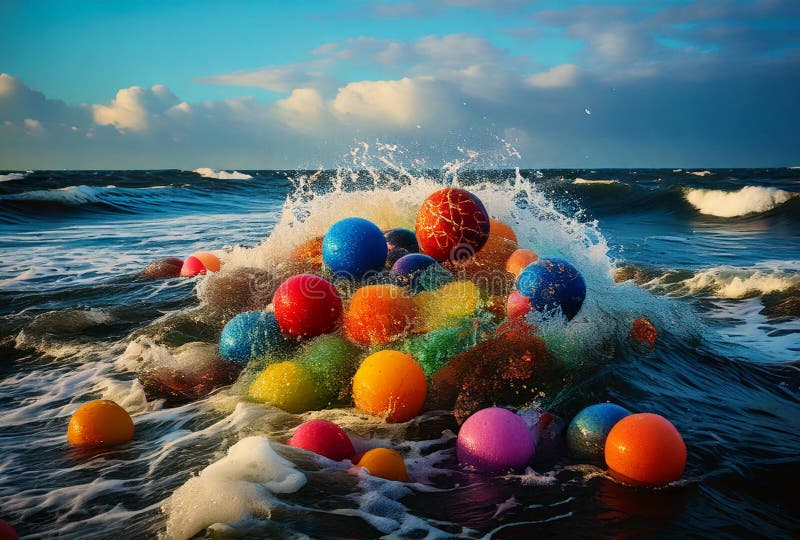 Colorful Balls Splash into the Ocean Waves, Creating a Vibrant Scene of ...