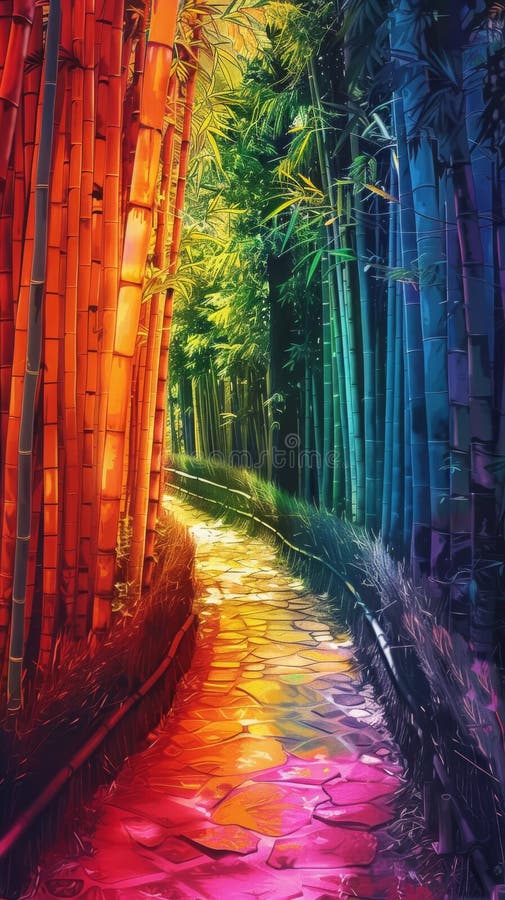 Colorful Bamboo Forest with Rainbow Path, Nature and Tranquility ...