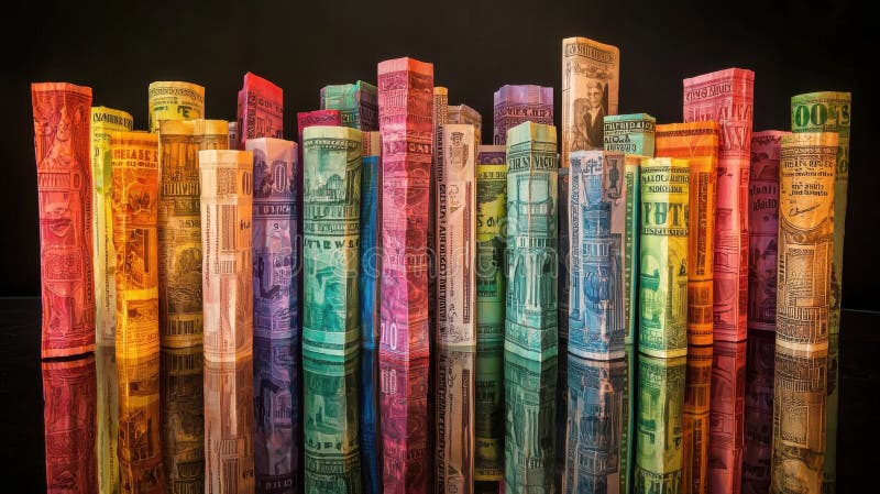Colorful Banknotes Stacking on Mirror Surface with Dark Background ...