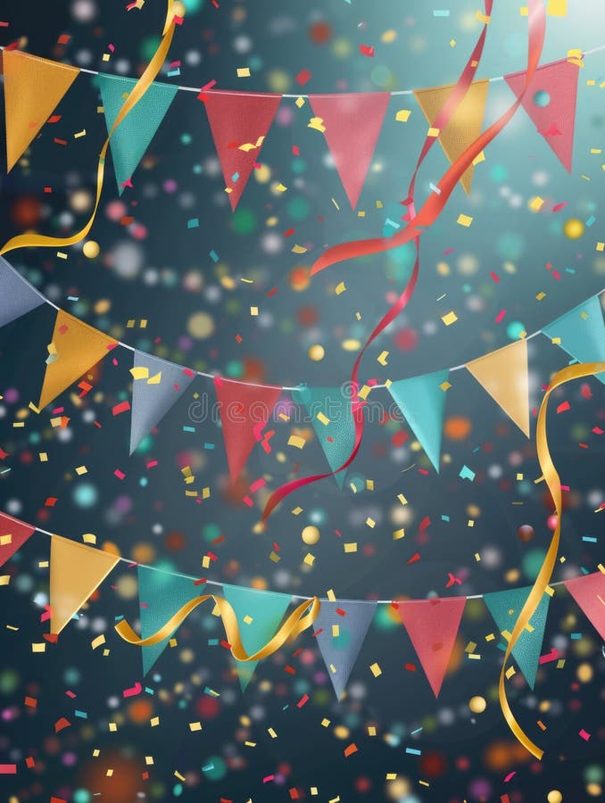 A Colorful Banner with a Bunch of Confetti Falling from it Stock ...