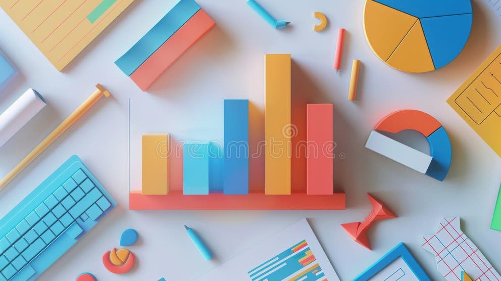 Colorful Bar Chart Growing Up Surrounded by Office Objects Representing ...