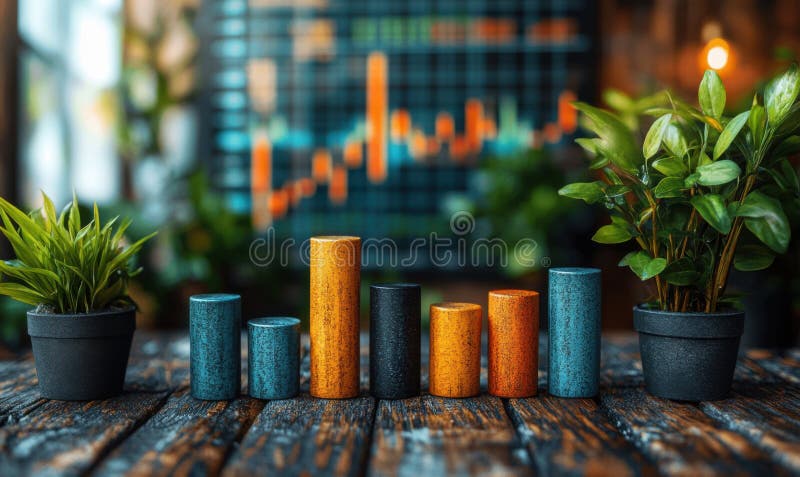 Colorful Bar Graph Representation with Plants in a Cozy Workspace Stock ...