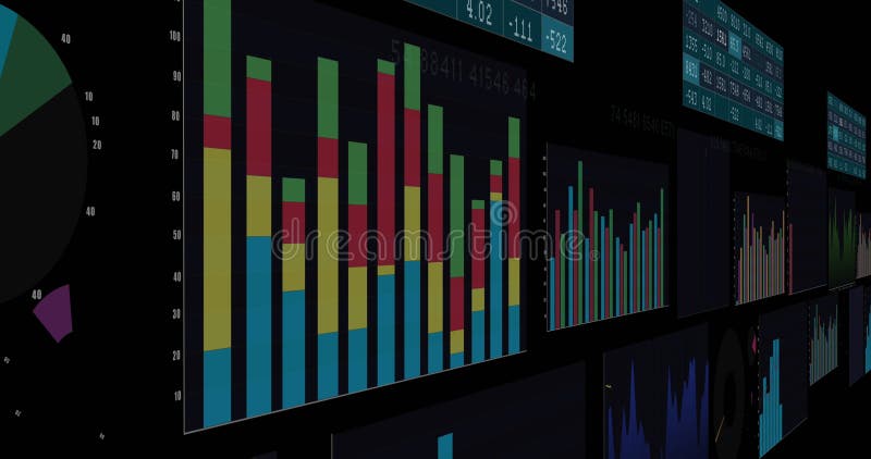Colorful Bar Graphs and Charts Displayed on Multiple Screens Stock ...