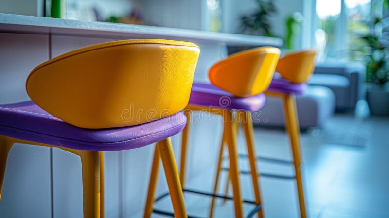 Colorful Bar Stools with Yellow and Purple Seats in a Modern Kitchen ...