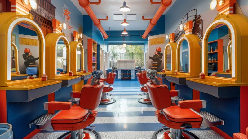Colorful Barber Shop Interior with Red Chairs Stock Photo - Image of ...