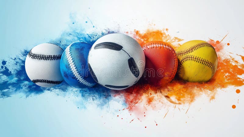 Colorful Baseball Balls with Paint Splashes and Smoke on White ...