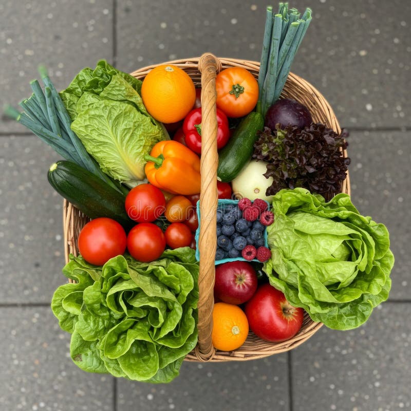 Colorful Basket of Fresh Fruits and Vegetables Stock Illustration ...