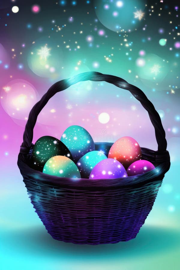Colorful Basket Sparkling Easter Eggs Magical Background Stock Photos ...