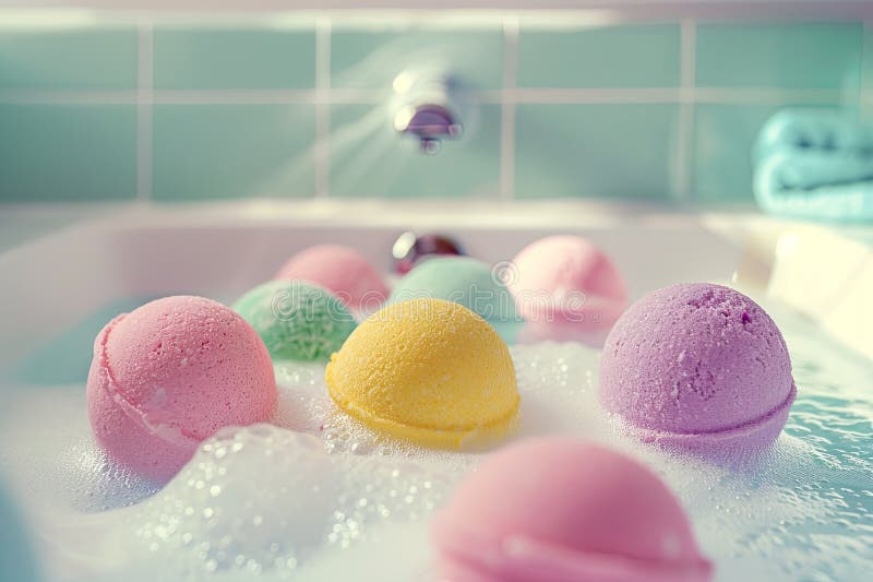 Colorful Bath Bombs Float in a Bubbly Bath, Creating a Relaxing and ...