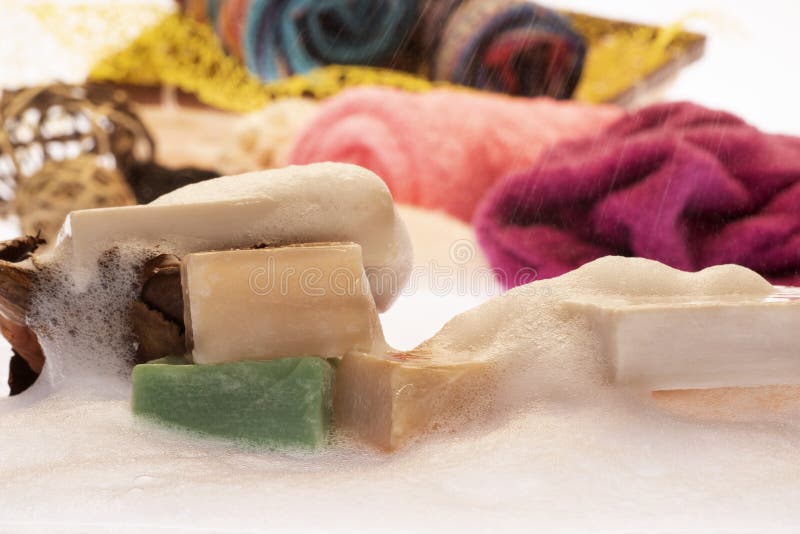 Colorful Bath Soaps with Foam and Water Drops Stock Image - Image of ...