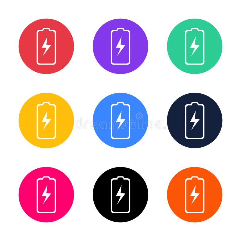 Nine Colorful Battery Icons Isolated on White Background. Flat Vector ...