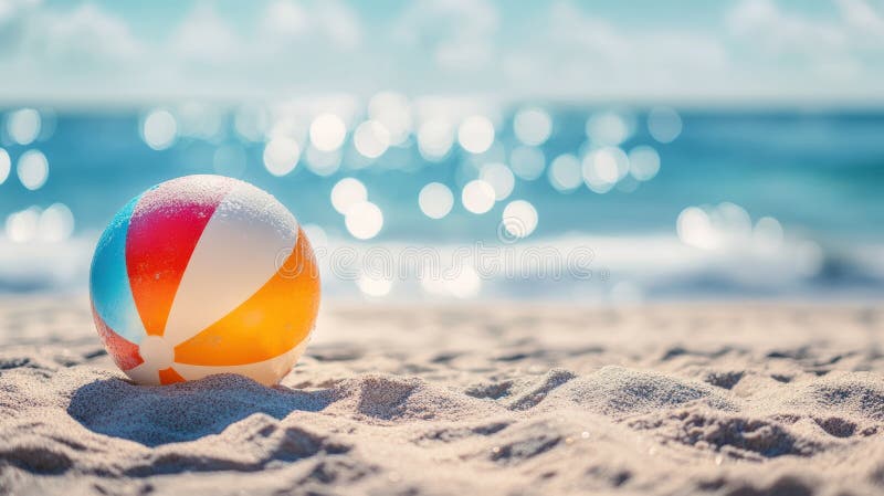 Colorful Beach Ball Resting on Sandy Shore with Ocean Backdrop Stock ...