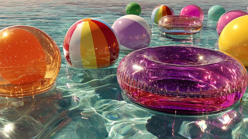 Colorful Beach Balls and Floats on a Clear Ocean Surface, Summertime ...
