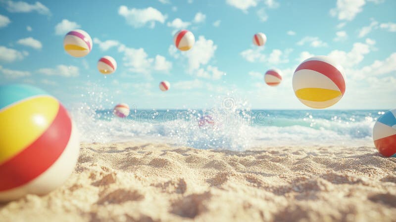 Colorful Beach Balls Flying Over Ocean Waves on Sandy Beach Stock ...