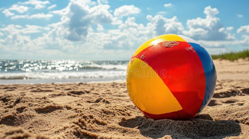 Colorful Beach Balls on a Sandy Beach with Waves when the Sun is Very ...