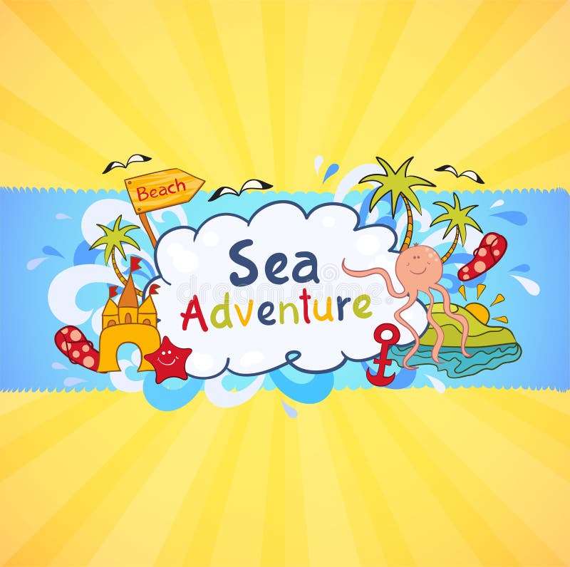 Colorful Beach Banner with Cartoon Elements Stock Vector - Illustration ...