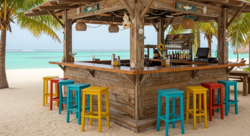 Colorful Beach Bar with Turquoise Ocean View Stock Illustration ...