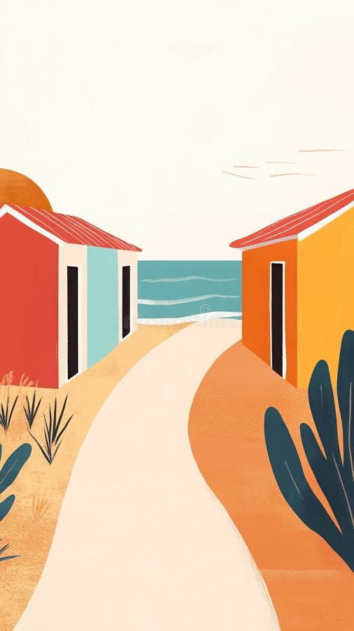 Colorful Beach Cabins. a Colorful Illustration. Hand Drawn Textures ...