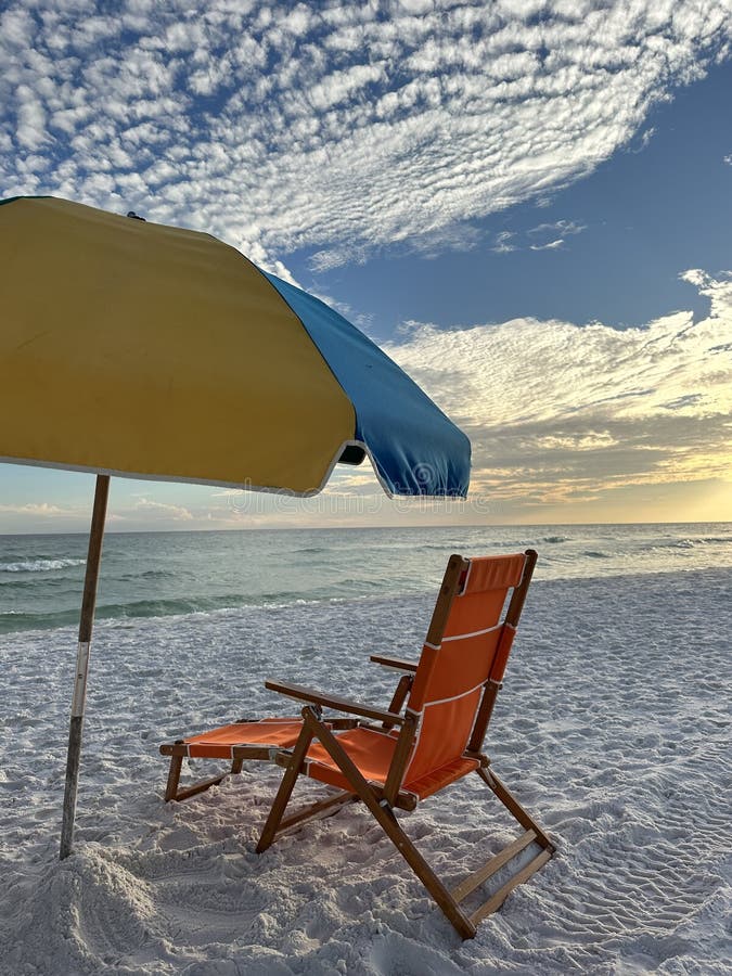 Colorful Beach Chair and Umbrella with Sunset Sky Stock Image - Image ...