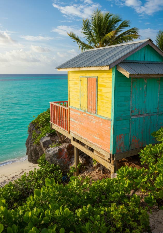 Colorful Beach House on a Tropical Cliffside Stock Photo - Image of ...