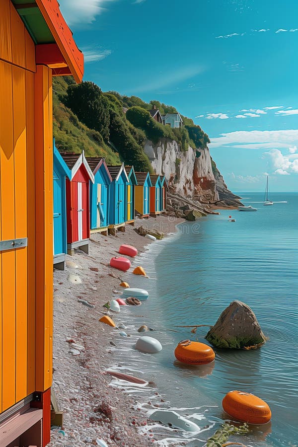 Colorful Beach Huts at the Seaside Stock Photo - Image of horizontal ...
