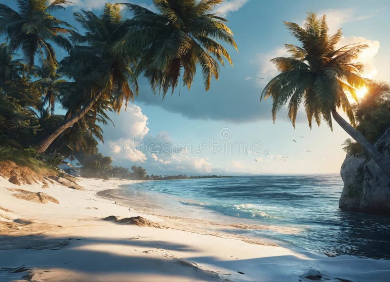 Colorful Beach with Palm Trees and White Sand. Summer Vacation Theme ...