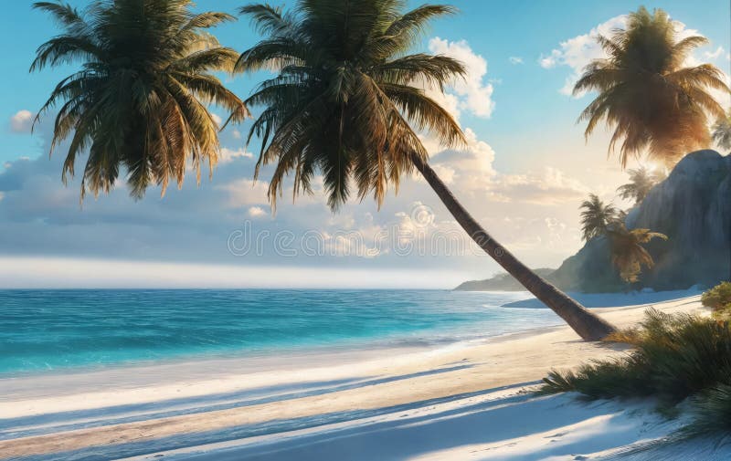 Colorful Beach with Palm Trees and White Sand. Summer Vacation Theme ...