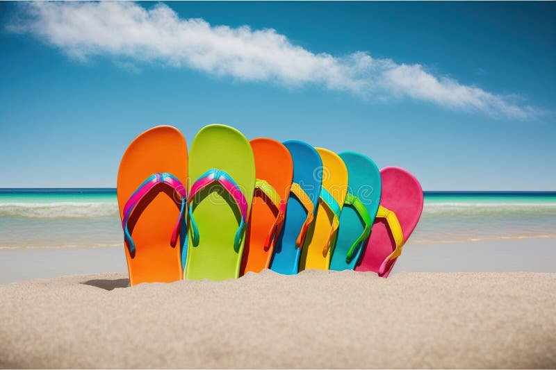 Colorful Beach Sandals on the Sand, Ready for Summer Vacations. Ai ...