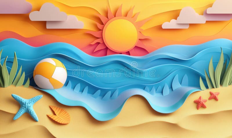 Colorful Beach Scene with Paper Cut Waves, Sun, and Summer Elements ...