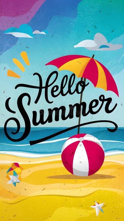 Colorful Beach Scene with Playful Elements, Hello Summer in Elegant ...