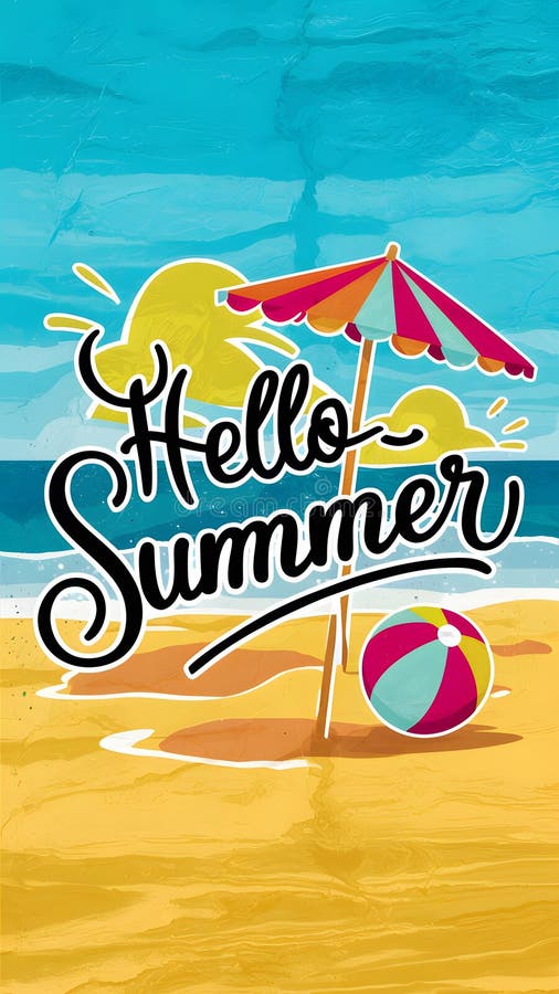 Colorful Beach Scene with Playful Elements, Hello Summer in Elegant ...