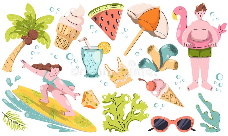 Set of Cartoon Summer Stickers in Retro 90s Style. Summer Party ...