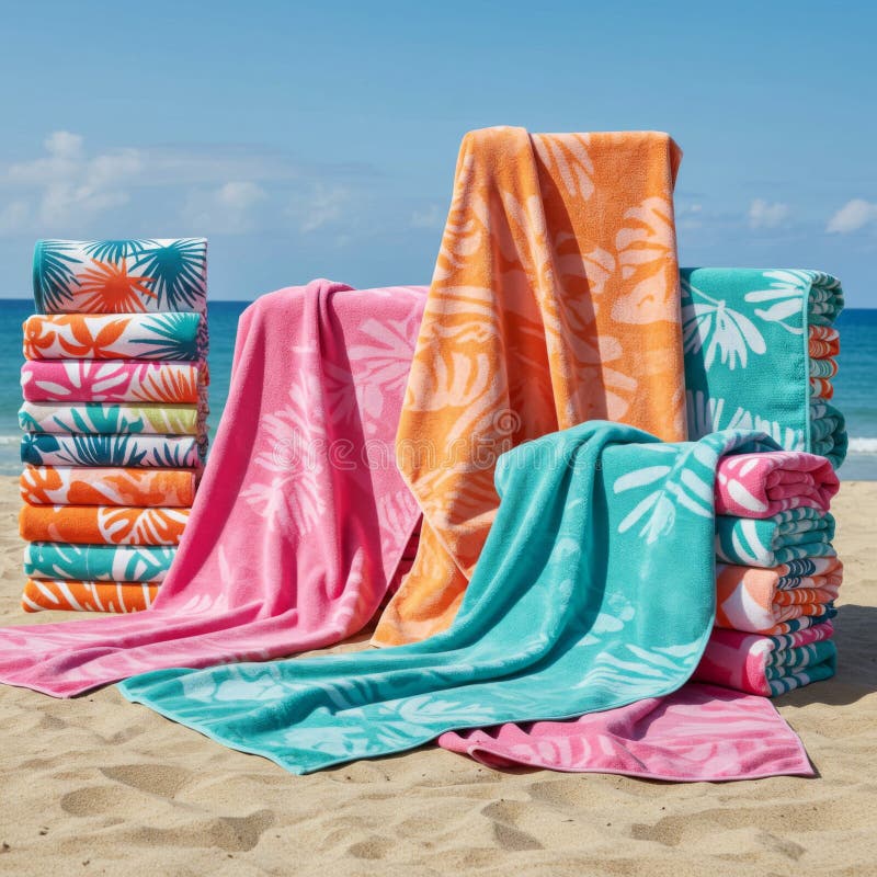 Colorful Beach Towels on Sandy Beach Stock Illustration - Illustration ...